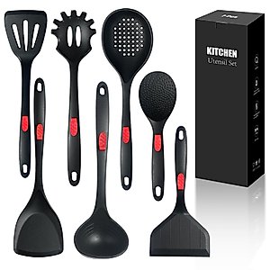 Silicone Kitchen Utensili 7-Pcs, BPA Free Silicone Cooking Set, for Nonstick cookware Heat Resistant Spatula set, Colander, Turner, Spoon, Pasta Server, Spatula Dishwasher safe