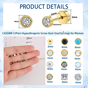 CASDAN 12 Pairs Surgical Steel Flatback Stud Earrings for Women Men CZ Opal Pearl Screw Back Earrings Cartilage Earrings Sleep Hypoallergenic Earrings for Sensitive Ears