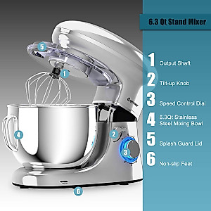 COSTWAY Stand Mixer, 660W Electric Kitchen Food Mixer with 6-Speed Control, 6.3-Quart Stainless Steel Bowl, Dough Hook, Beater, Whisk (Silver-update)