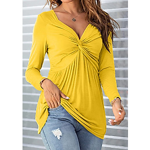 Tankaneo Womens V-Neck Front Knotted Blouse Shirt Long Sleeve Elegant Casual T-Shirt Solid Color Pullover Tops