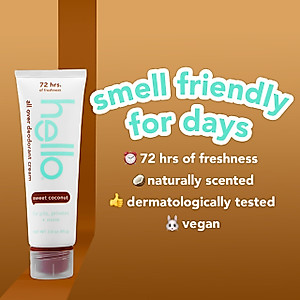 hello All Over Sweet Coconut Deodorant Cream, Aluminum Free Deodorant Cream for Pits, Privates + More, Offers 72 Hours of Freshness, Safe for Sensitive Skin, Vegan, 1 Pack, 3 Oz Tube