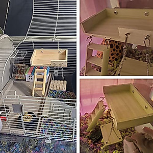 Hamster Platform with Ladder,Wooden House Hut Hideout Swing Rat Playground Activity Set with Climbing Ladders Play Toys for Mouse,Gerbil, Small Animals
