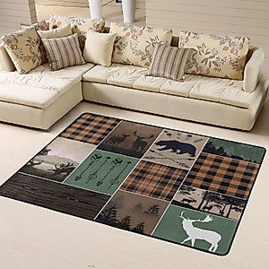 Cabin Deer Area Rugs,Rustic Hunting Camper Plaid Wild Bear Elk Forest Farmhouse Indoor Decor Non Slip Green Carpet Enterence Bedroom Study Kitchen 63x48 inch