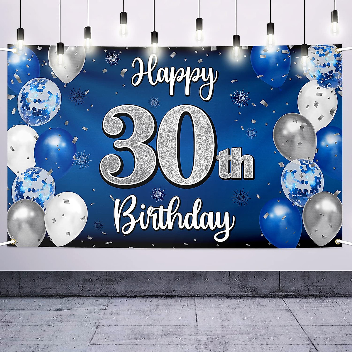 Nelbiirth Happy 30th Birthday Decorations,30th Blue & Silver Balloon Large Birthday Banner Backdrop Sign,Cheers to Thirty Years Old Bday Party Supplies.