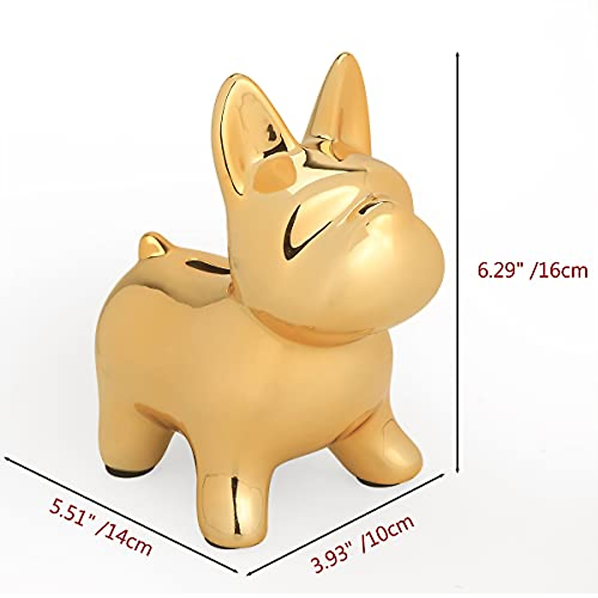 Ceramic Bulldog Piggy Bank for Boys Girls, Money Box for Kids, Coin Bank Keepsake with Plastic Stopper, French Bulldog Saving Jar, Nursery Décor (Golden)