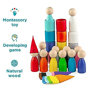 Ulanik Large Peg Dolls in Cups with Hats Toddler Montessori Toys for 3 Year Old + Wooden Waldorf Dolls for Learning Color Sorting and Counting — 12 Gnomes