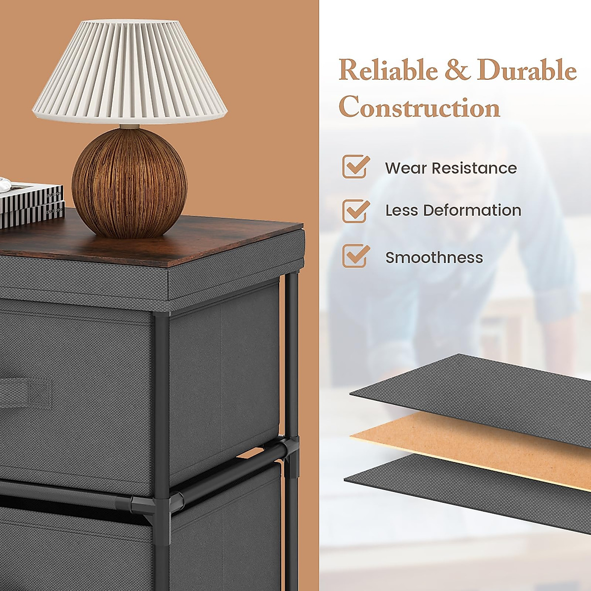 GOFLAME Fabric Dresser with 2 Drawers, Nightstand for Bedroom, Bedside Table with Removable Fabric Bins & Handles, Sofa Side Table, End Table for Living Room, Entryway, Grey & Rustic Brown