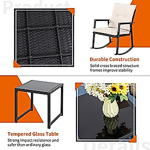 Shintenchi 3 Pieces Rocking Bistro Set Wicker Patio Outdoor Furniture Porch Chairs of 2 Outdoor Furniture Rattan Chair Conversation Sets with Glass Coffee Table (Beige)