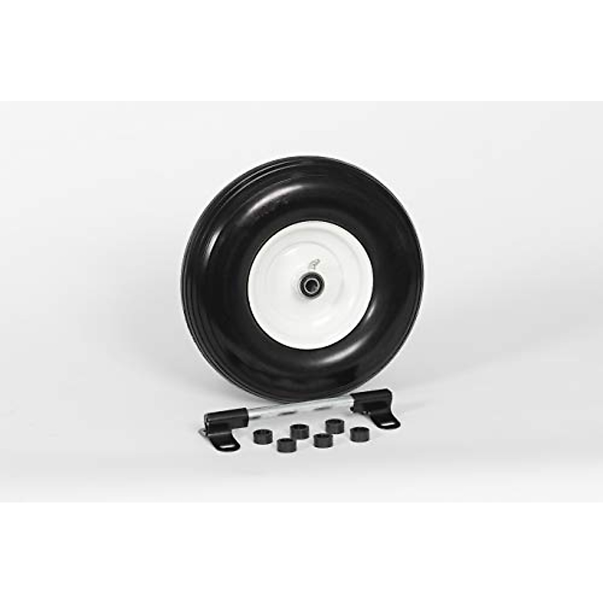 Flat Free Universal Wheelbarrow Replacement Tire and Wheel Assembly, White rim, Ribbed tread, 13", 14.5", or 16" Wheel Sizes with Axle Shaft and Adapter Kit