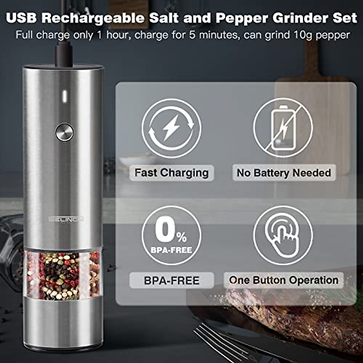 Rechargeable Electric Salt and Pepper Grinder Set - Stainless Steel, with USB Type-C Cable, LED Lights, Automatic Modern Electric Pepper Mill, 2 Adjustable Coarseness Mills, One Hand Operation