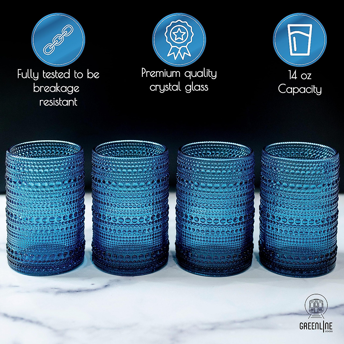 Greenline Goods Hobnail Drinking Glasses - Blue 12 oz Thick Modern Kitchen Glassware Set - Unique Vintage Bubble Cocktails Or Modern Bar - Set of 4 - Old Fashioned Beverage Glasses For Tabletop