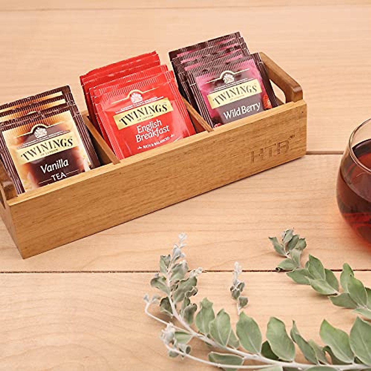 HTB Small Tea Bag Box Wooden, 3 Compartments Acacia Wood Tea Bag Chest with Handle, Mini Countertop Divided Storage Container for Beverage Supplies, Sugar, Sweeteners, Individual Packets