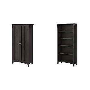 Bush Furniture Salinas Tall Storage Cabinet with Doors in Vintage Black & Salinas 5 Shelf Bookcase, Tall Bookshelf for Living Room and Home Office