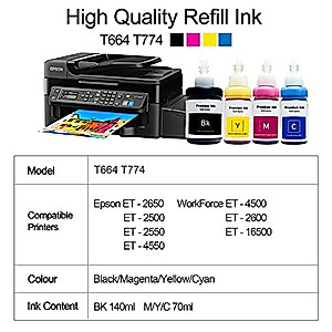 Printers Jack Refill Ink Bottle for Epson T774 T664 Compatible EcoTank Ink Bottle for Epson Expression ET-2650 ET-2550 ET-2600 ET-2500 ET-3600 Workforce ET-4500 ET-4550 ET-16500[Upgraded]