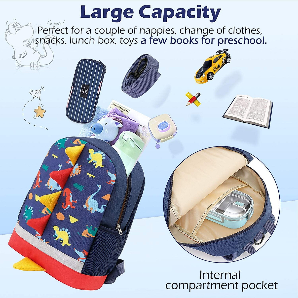 Cosyres Toddler Backpack Dinosaur Preschool for Boys Girls with Leash Chest Strap,Toddler Rucksack Kids School Bag for Boys 3-5 Years 33x10x27cm/13x3.9x10.6in