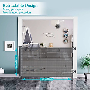 Retractable Baby Gate, Extra Wide Child Mesh Safety Gate with 2 Sets of Mounting Hardware, Pet Dog Gate 34" Tall, Extends to 59" Wide for Stairs, Doorways, Hallways, Deck, Banisters Indoor/Outdoor