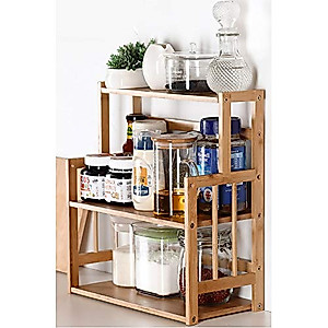 Bamboo Spice Rack Storage Shelves-3 tier Standing pantry Shelf for kitchen counter storage,Bathroom Countertop Storage Organizer Desk Bookshelf with Adjustable Shelf Cabinet