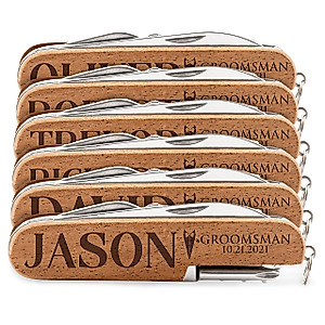 Set of 6 - Personalized Pocket Knife for Groomsmen - 8-Function Multi-Tool Custom Knives - Engraved - Groomsmen Gifts for Wedding, Groomsman Proposal Gifts