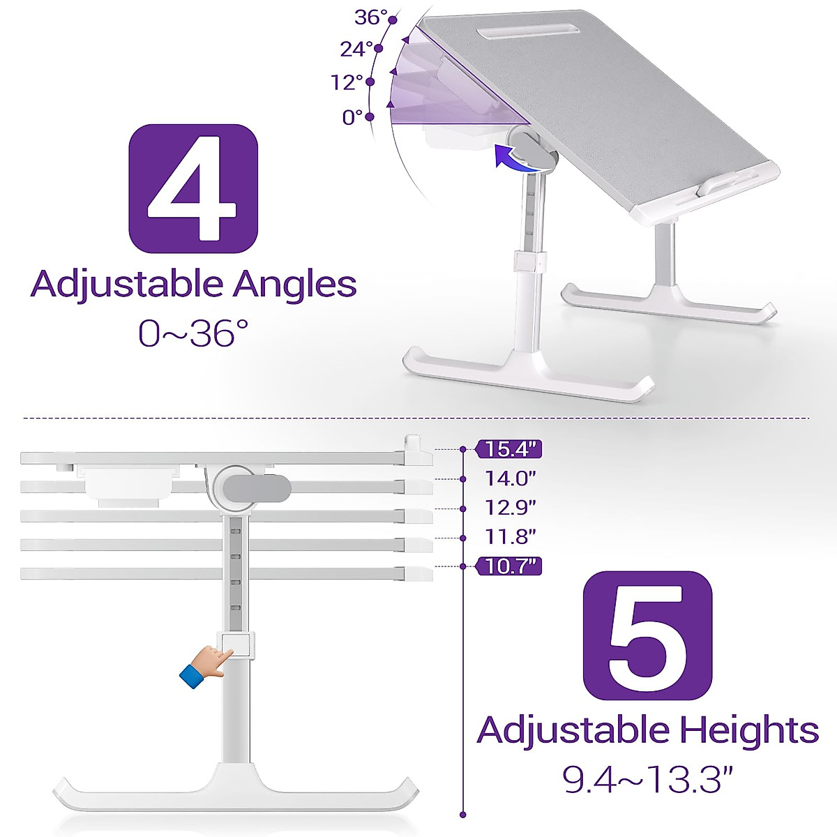 NEARPOW XXL Bed Table Desk for Laptop and Writing, Adjustable Computer Tray Laptop Stand for Bed or Sofa with Anti-slip Leather, Removable Stopper, Book Stand and Drawer - Gray