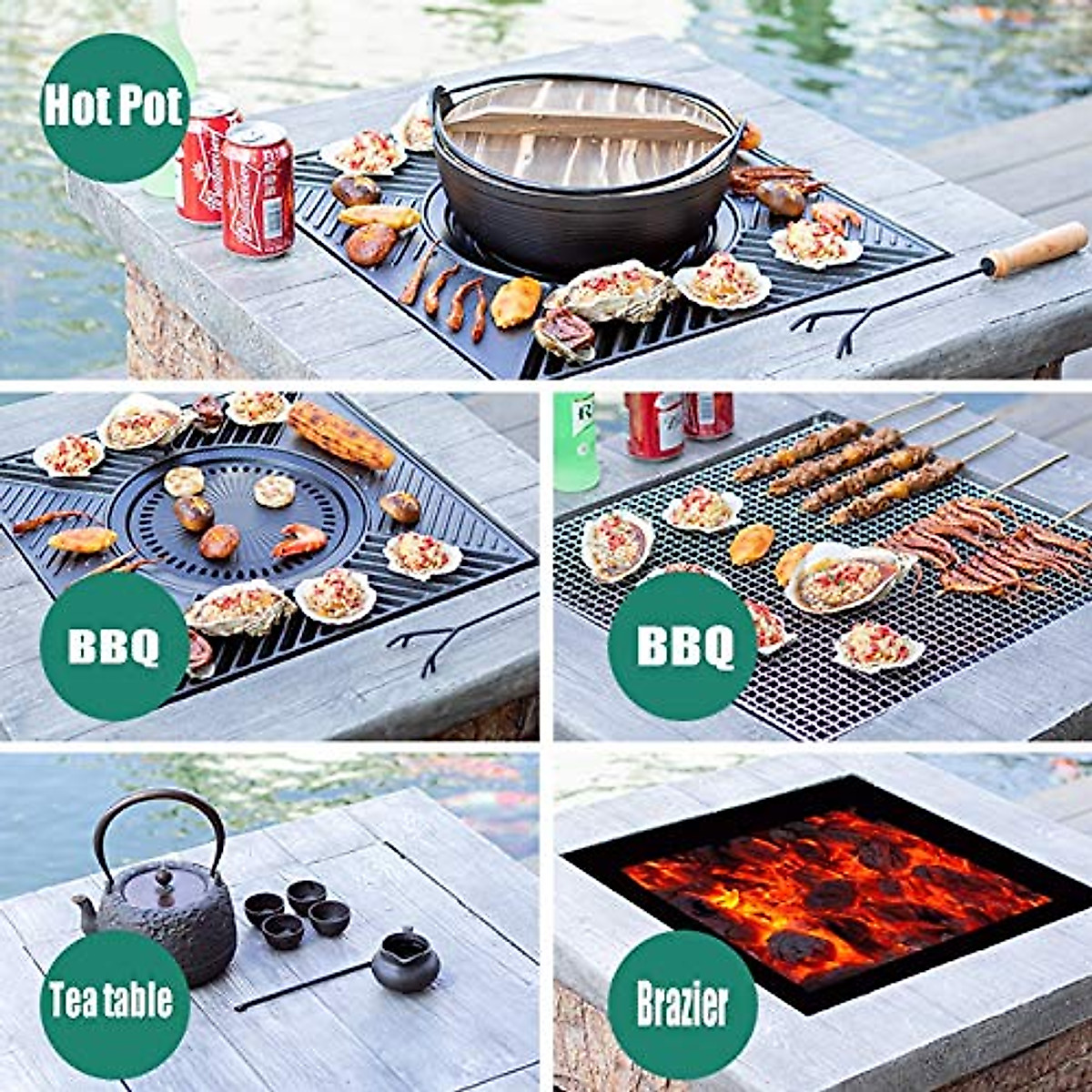 QHYXT Wood Fire Pits Outdoor Imitation Stone Outdoor Firewood Brazier, Backyard Patio Garden Fireplace, BBQ Grill Square Table, with Spark Screen Cover and Poker