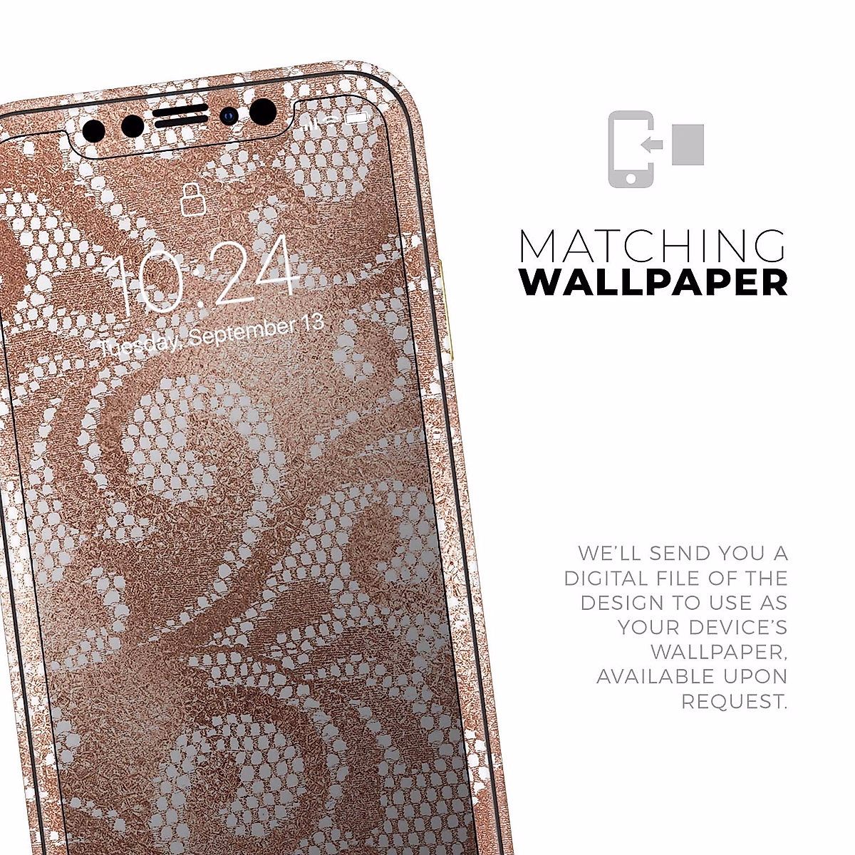 Design Skinz Rose Gold Lace Pattern 14 - DesignSkinz Protective Vinyl Decal Wrap Skin Cover Compatible with The Apple iPhone 12 Pro (Full-Body, Screen Trim & Back Glass Skin)
