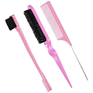 Geiserailie 3 Pcs Slick Back Hair Brush Set Bristle Brush Edge Control Teasing Comb for Women Black Hair(Light Pink)