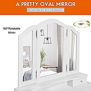 KJNS White Tri Folding Mirror Vanity Makeup Table Stool Set Desk with 4 Drawers Vanity Desk Makeup Vanity Side Tables Bedroom Vanity Table Portable Desk Vanity Set