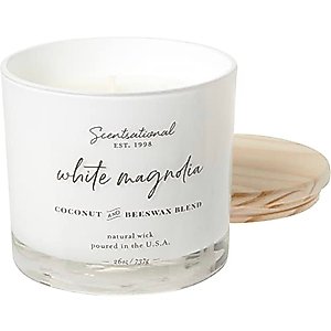 Natural Coconut + Beeswax Scented Candle White Magnolia (in Cursive) XL White Jar with Wooden Lid, 26 Oz.