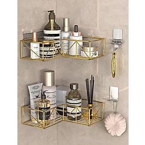 Iperlife Corner Shower Caddy Gold, Adhesive Shower Shelf Corner Shower Organizer with Hooks, 2-Pack Wall Mounted Bathroom Shelf for Inside Shower (Only Fits 90° Right Angle Corner)
