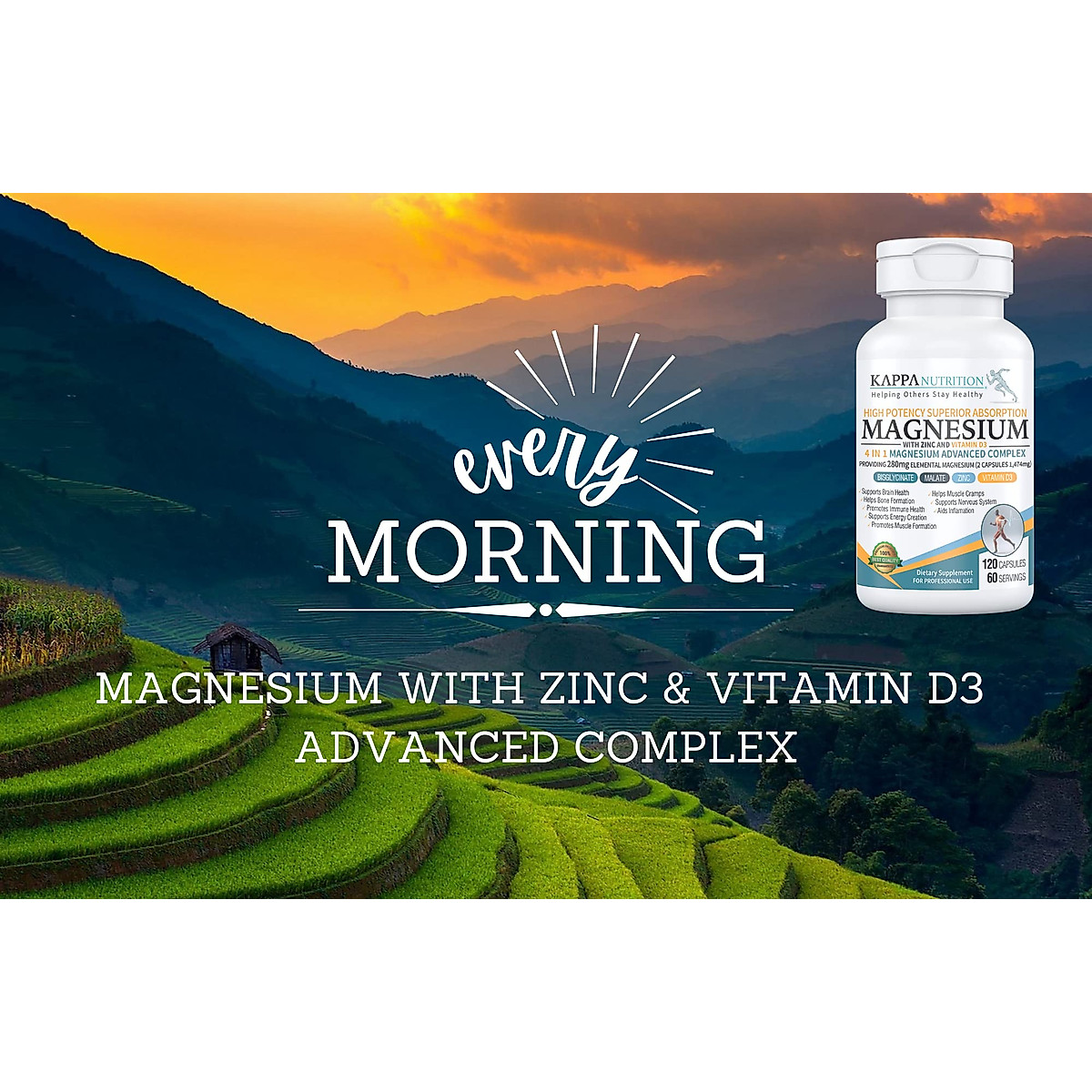 (120 Capsules), Glycinate, Bisglycinate, Malate, Zinc, Vitamin D3 for Brain, Sleep, Cramps, Headaches, Energy, Bones, Immune, Providing 280mg Elemental Magnesium, from KAPPA NUTRITION