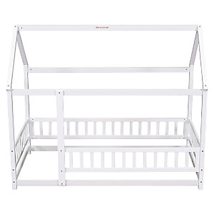 CITYLIGHT Twin Floor Bed Frame, Pine Wood, White With Roof, 20"W