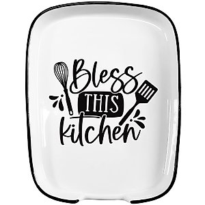 Hvukeke Ceramic Spoon Rest for Kitchen Stove Top Counter, Funny Bless this kitchen White Spoon Holders for Chef, Mom, Grandma, Modern Farmhouse Kitchen Cute Decor Gift