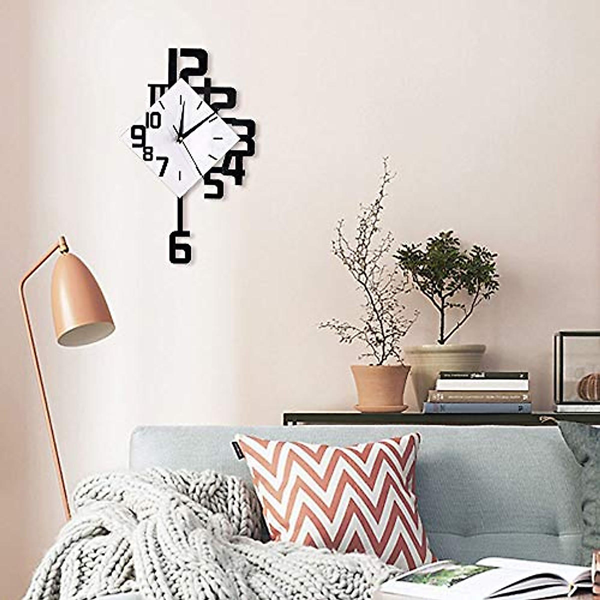 The Geeky Days Large Numbers Pendulum Clock Black and White Modern Design Irregular Numerals Decorative Fashion Silent Quartz Wall Watch with Swinging Number