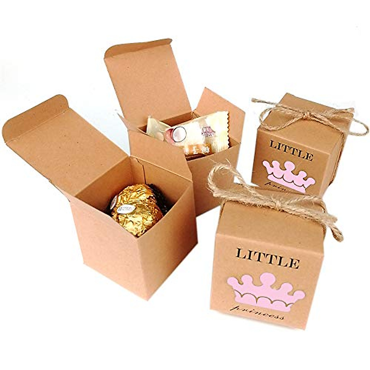50pcs Little Princess Baby Shower Favor Boxes + 50pcs Twine Bow, Candy Bag Rustic Kraft Paper Gift Box for Baby Shower Party Supplies Cute 1st Birthday Girl Decoration