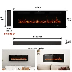 FODINGHILL 60" Insert Wall Mounted Electric Fireplace, Low-Noise Fireplace Heater Mantel Features a Touch Screen, Timer, Adjustable Flame Color, 700W / 1400W