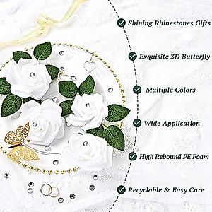 Yastouay 50Pcs 3.5inch Foam Rose Heads White Artificial Flowers Bulk Fake Foam Roses Stemless with Rhinestones & Butterfly for DIY, Baby Bridal Shower Cake Home Wedding Decor