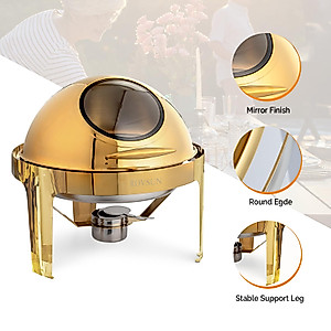 ROVSUN 6 QT Round Chafing Dish Buffet Set, Roll Top NSF Stainless Steel Buffet Warmer Chafers and Buffet Warmers Sets with Thick Frame for Catering Events Parties Weddings Dinners,Gold
