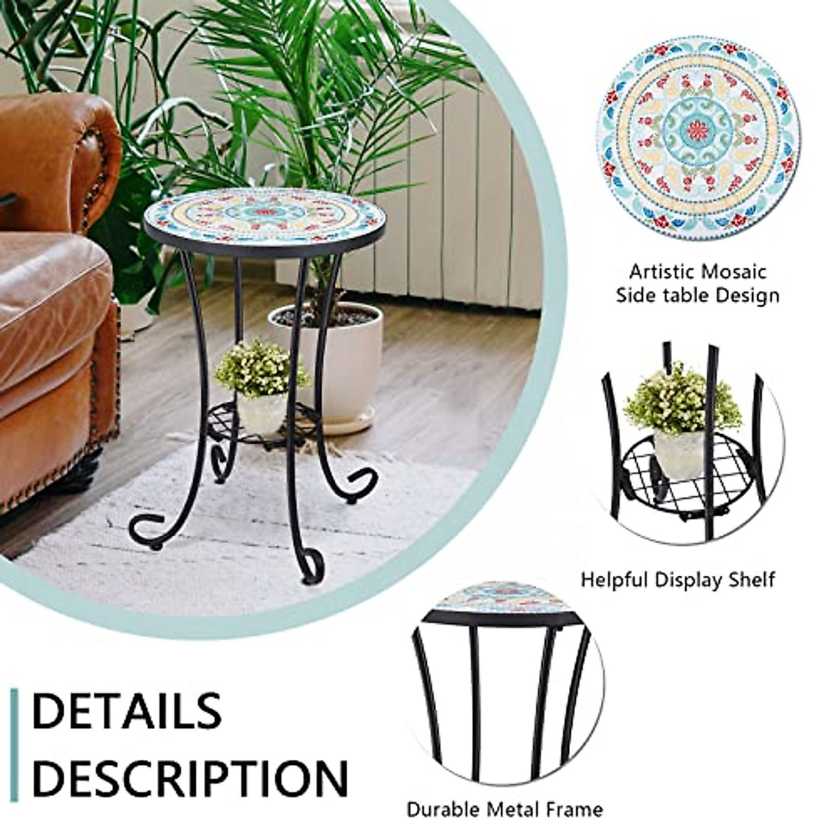 VCUTEKA Outdoor Side Table Mosaic Patio Table Accent Table Mosaic Tile Top Metal Frame Small End Table Porch Beach Patio Garden Balcony Beige 14''
