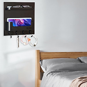 Updated Bedside Shelf Wall Mount Phone Holder Organizer Stick On Adhesive Damage Free Hanging Strips 4 Hooks Teenager Dorm Room Essentials Decoration Gasses Remotes Keys Snacks (Black)