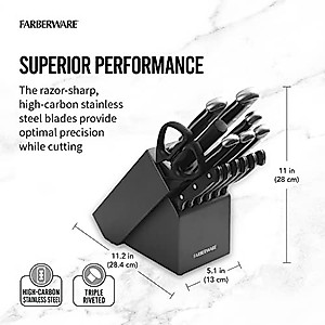 Farberware 15-Piece Forged Triple Riveted Knife Block Set, High Carbon-Stainless Steel Kitchen Knives, Razor-Sharp Knife Set with Wood Block, Graphite