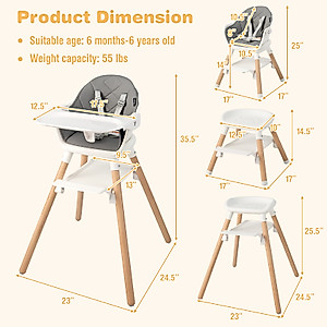 BABY JOY Baby High Chair, 6 in 1 Convertible Wooden High Chair for Babies & Toddlers with Adjustable Legs, Double Removable Tray, Safety Harness & Waterproof PU Cushion (White)