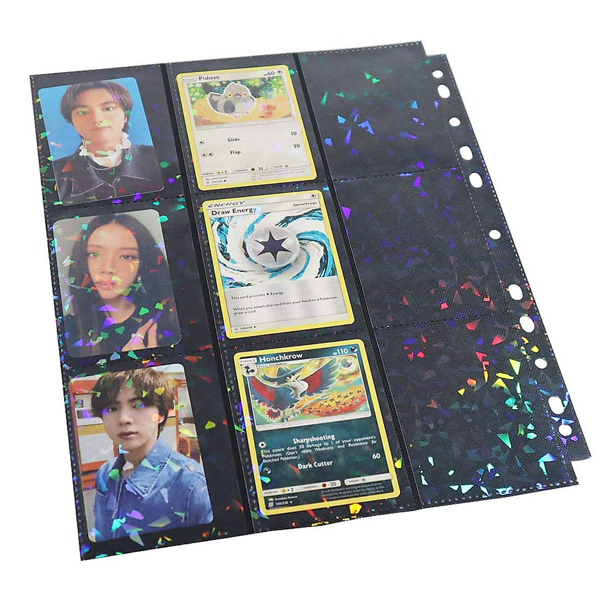 30PCS Holographic Trading Card Sleeve Pages Gemstone Foil Card Sleeves TCG&Photo 9 Pockets Fit 3 Ring Binder Pages (Side Loading Black Pages)