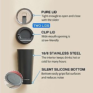 LocknLock Clip Tumbler Black 18oz, Coffee Tumbler with Leak Proof Lid, BPA-Free Double Wall Stainless Steel Vacuum Insulated Travel Mug Cup for Hot & Cold Beverage