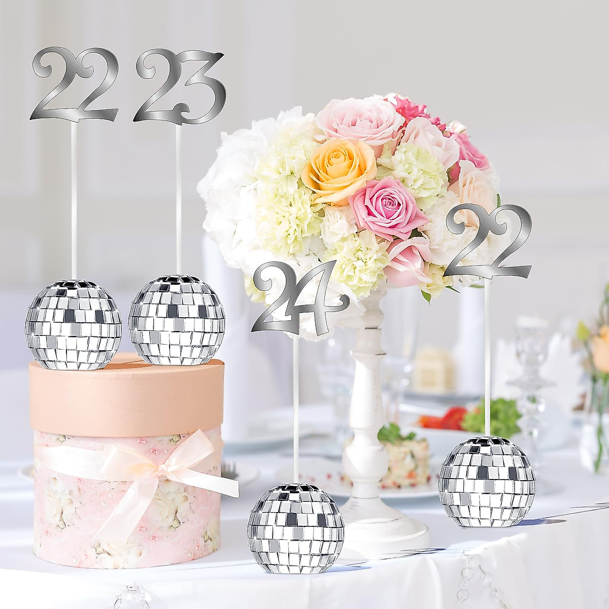 YLOLUL Wedding Table Numbers 1-30 Silver Disco Ball Table Number Holders for Wedding Reception Seat Table Numbers Stands for Wedding Birthday Event Party Decoration(Silver)