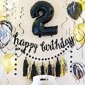 Black Happy Birthday Banner Decoration Kit, Black Glittery Birthday Banner Circle Dots Garland with Black Silver Hanging Swirls for Birthday Baby Shower Party Decorations Supplies, Pre-Strung