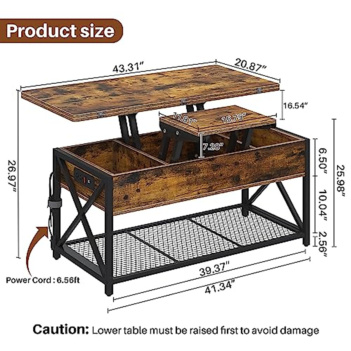 Osfvolr 43" Lift Top Coffee Table with Charging Station, 4 in 1 Coffee Tables with Storage, Farmhouse Coffee Table Converts to Dining Table for Living Room, Game Table, Home Office