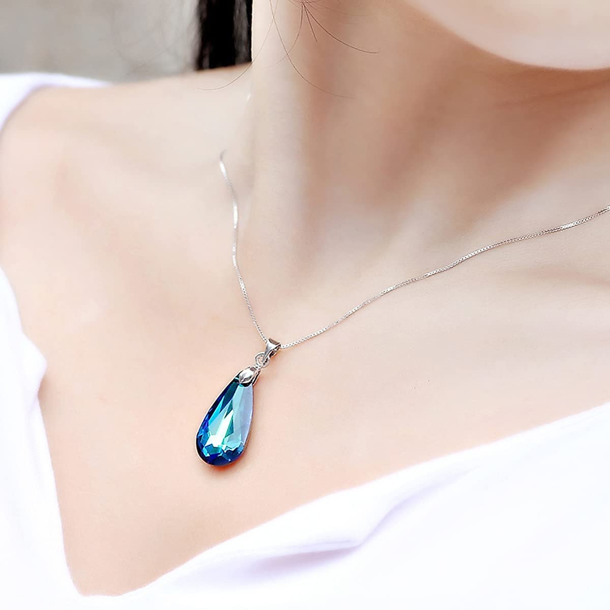 Preserved Blue Rose Box with Crystal Drop Necklace,Real Eternal Rose with S925 Sterling Silver Teardrop Sapphire Necklace,Blue Birthstone Pendant Gift for women on Valentine Anniversary Mothers day.