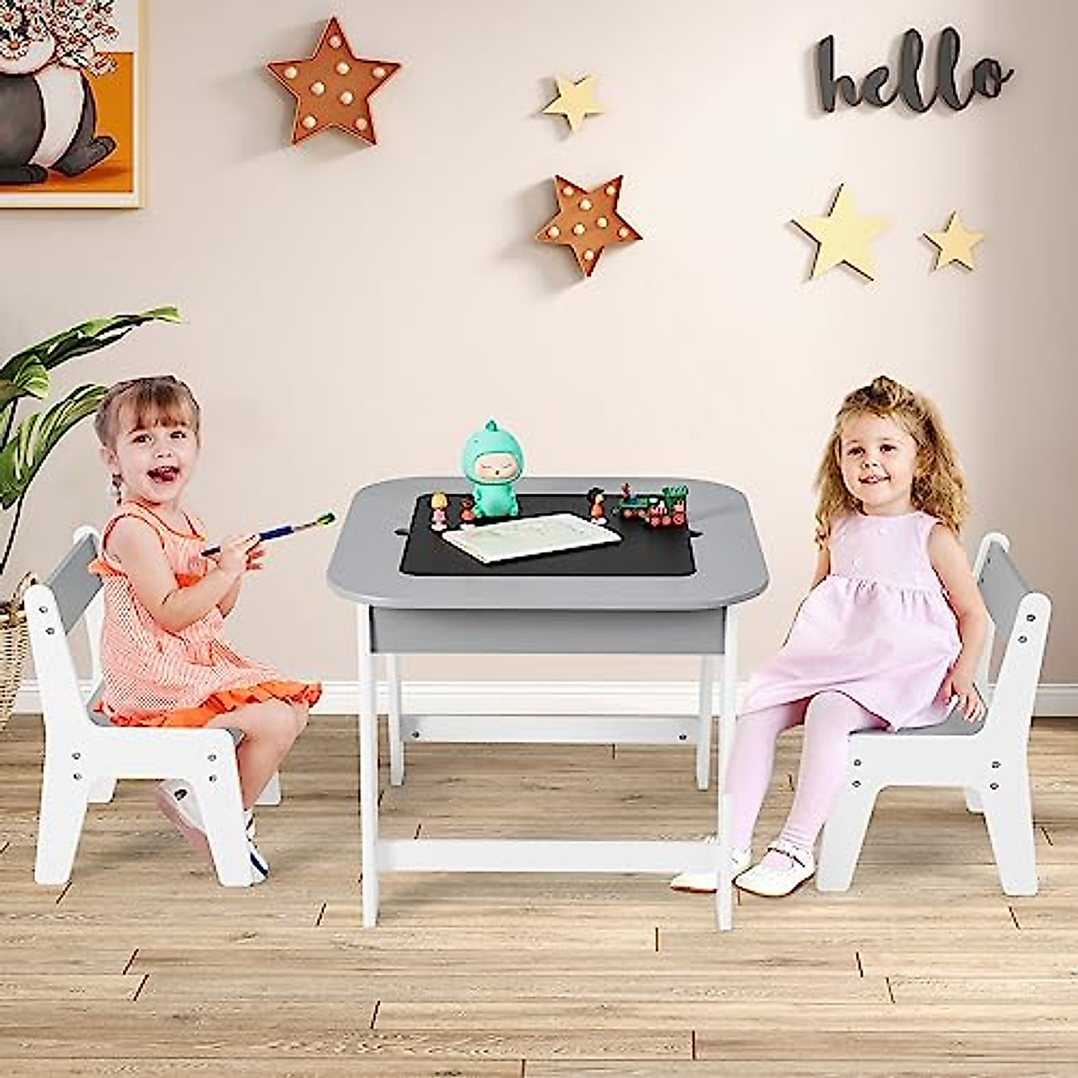 INFANS Kids Table and Chair Set, 3 in 1 Wooden Activity Table with Removable Tabletop, Blackboard and Whiteboard for Toddlers Arts Crafts Drawing Reading Playing, Playroom Nursery