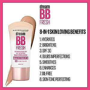 Maybelline Dream Fresh Skin Hydrating BB cream, 8-in-1 Skin Perfecting Beauty Balm with Broad Spectrum SPF 30, Sheer Tint Coverage, Oil-Free, Light, 1 Fl Oz