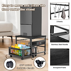 Mini Fridge Stand with Storage and Wheels, Heavy Duty Mini Fridge Table with Power Outlets for 220LBS Refrigerator, Rolling Fridge Cart with Large Capacity Drawer for Dorm,Office,Bedroom (Black)